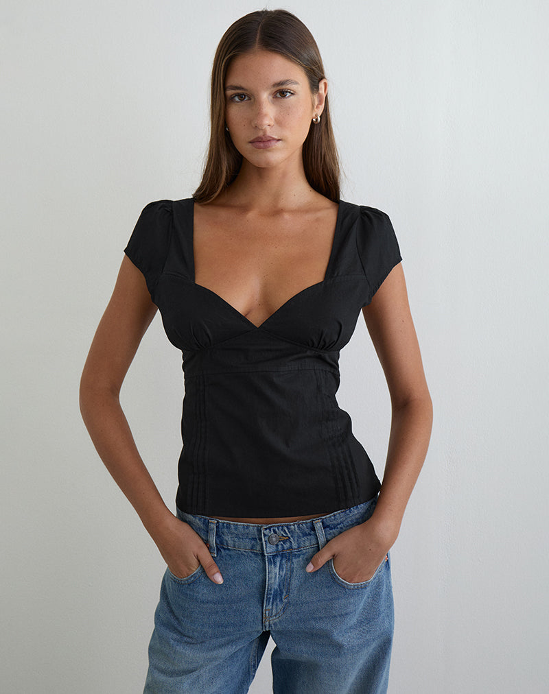 Black Poplin Cap Sleeve Corset Top | Uliva – motelrocks.com