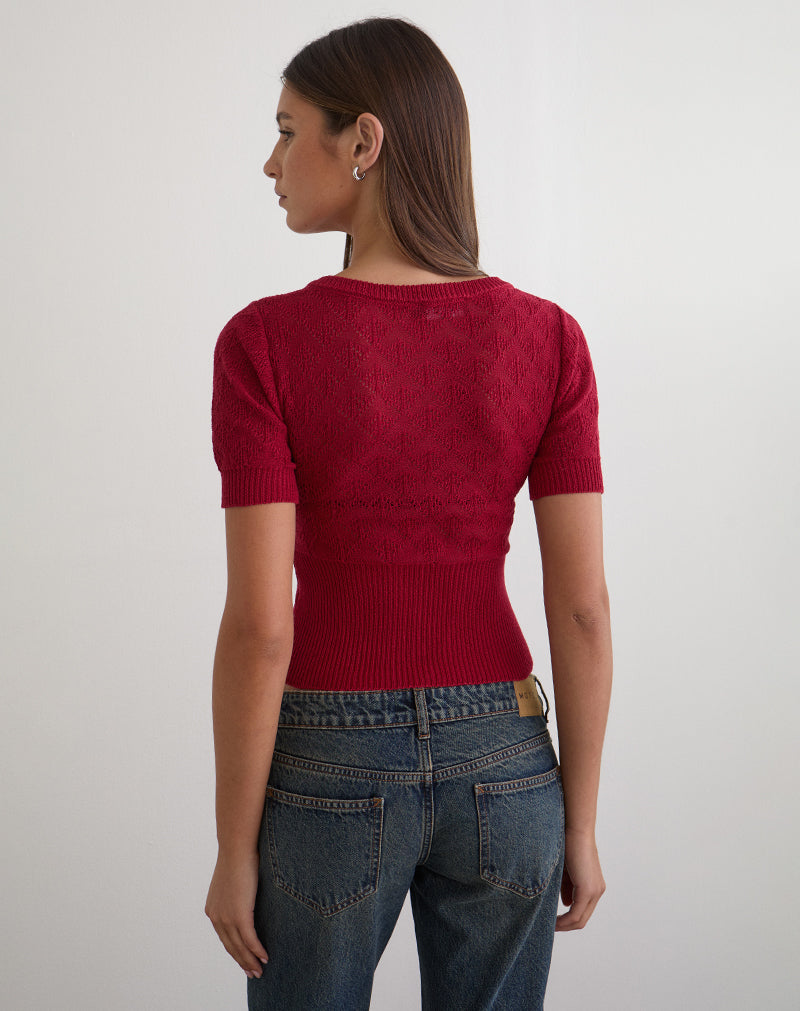 Deep Red Knit Pointelle Top | Yura – motelrocks.com