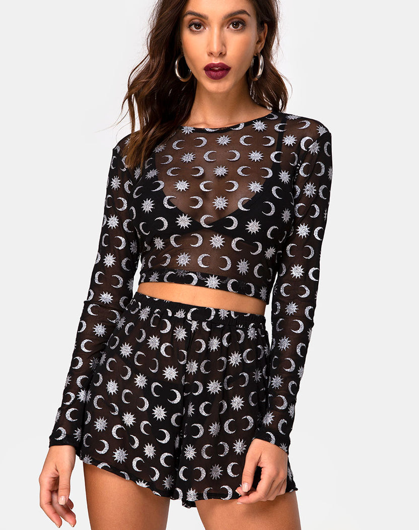 Long Sleeve Mesh Black Glitter Moon Crop Top | Bonnie – motelrocks.com
