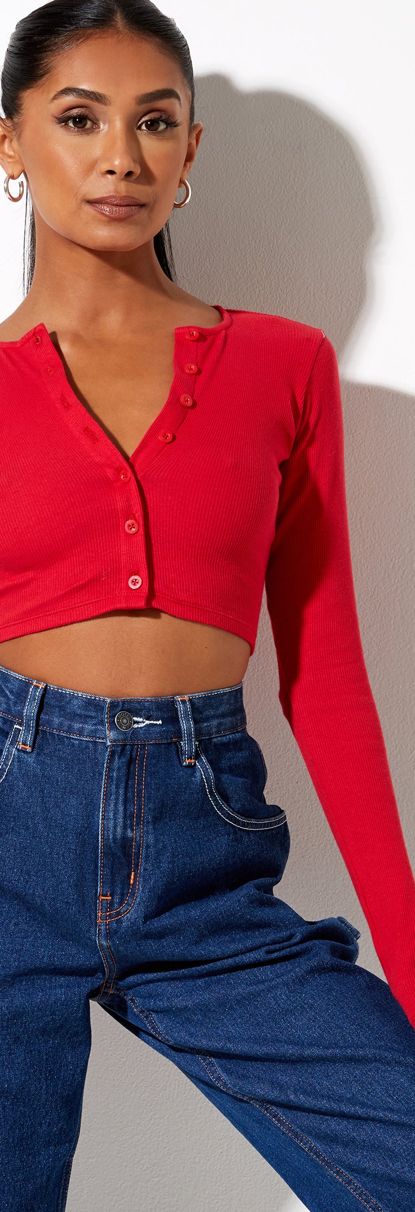 Ribbed Red Long Sleeve Button Up Bodycon Crop Top | Kaya – motelrocks.com