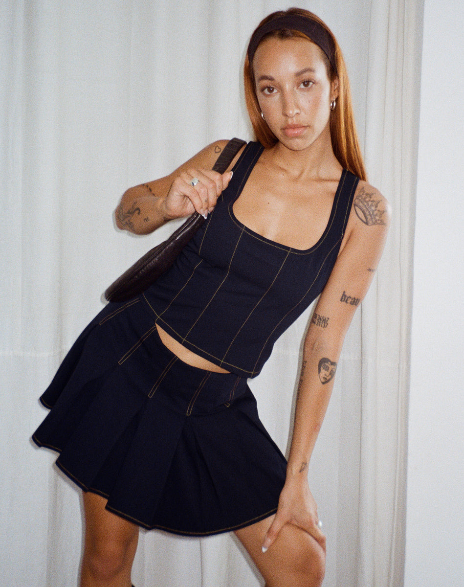 Navy Contrast Stitch Fitted Corset Top | Kayaso – motelrocks.com