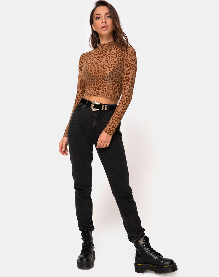 High Necked Brown Leopard Mesh Top | Lara – motelrocks.com
