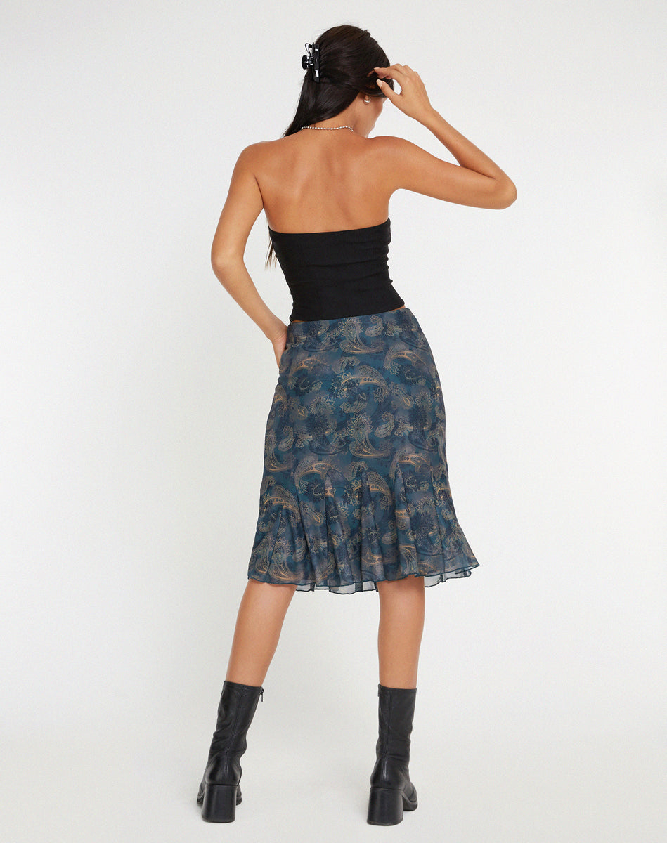 Tonal Blue Paisley Mesh Midi Skirt | Latrix – motelrocks.com