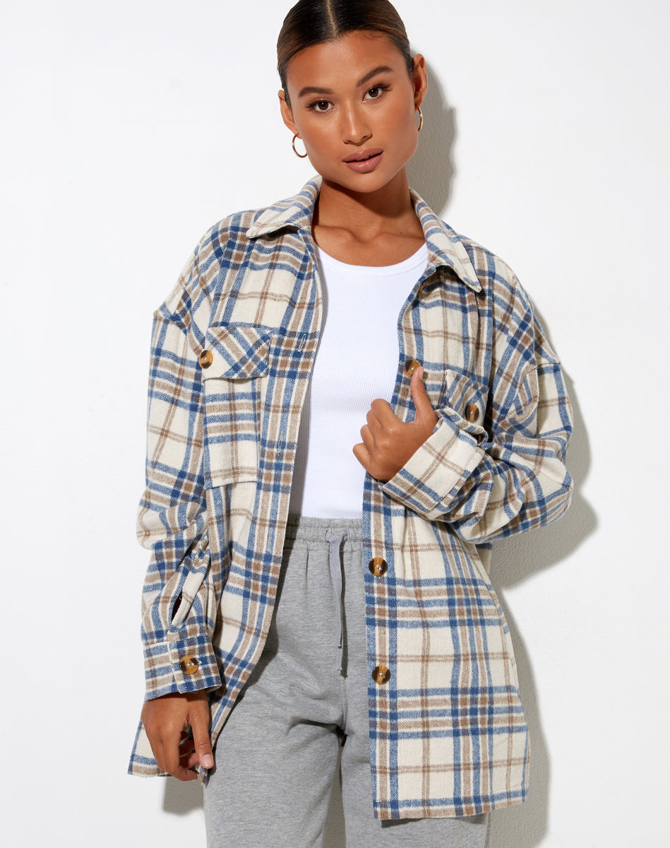 White Blue Tan Check Oversized Shacket | Marcel – motelrocks.com