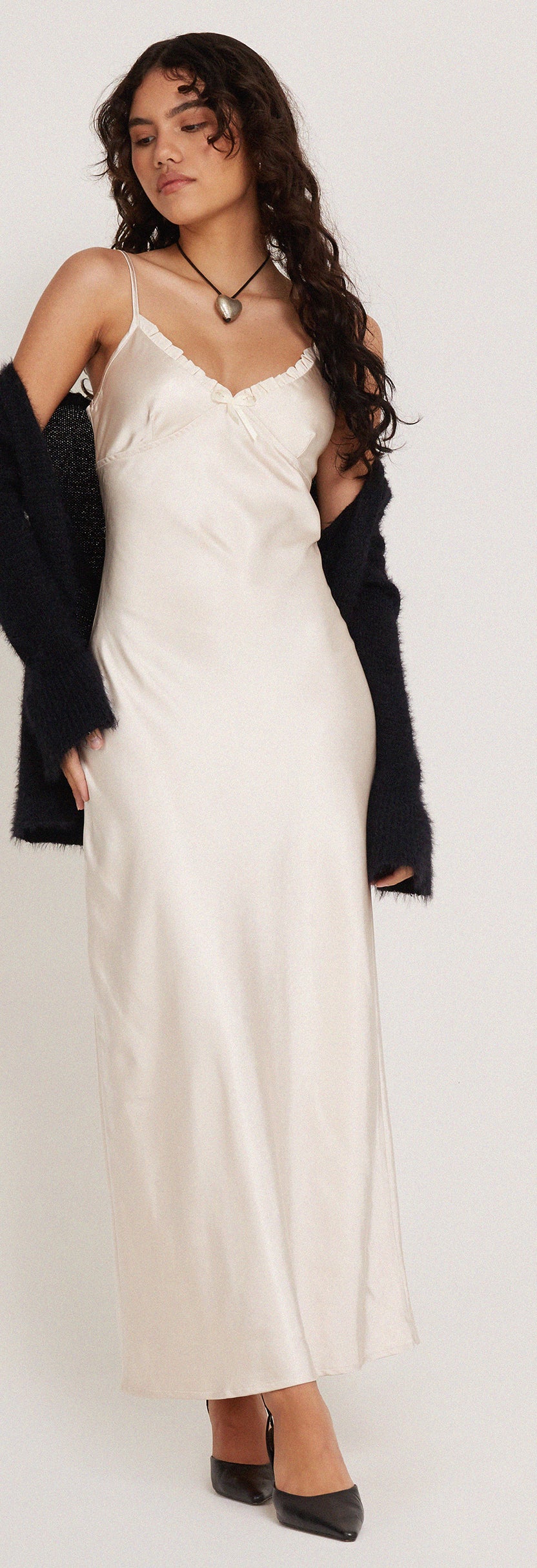 Satin Pearled Ivory Midi Dress | Padil – motelrocks.com