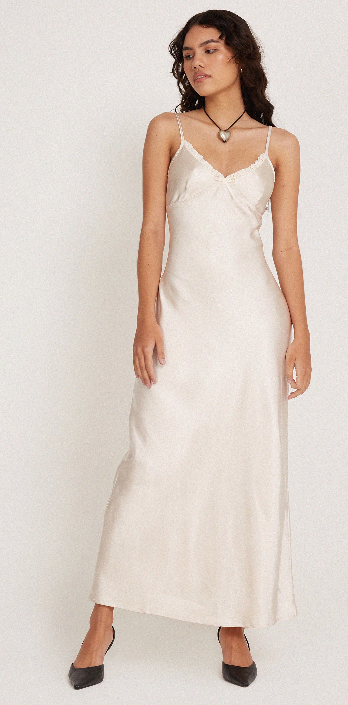 Satin Pearled Ivory Midi Dress | Padil – motelrocks.com