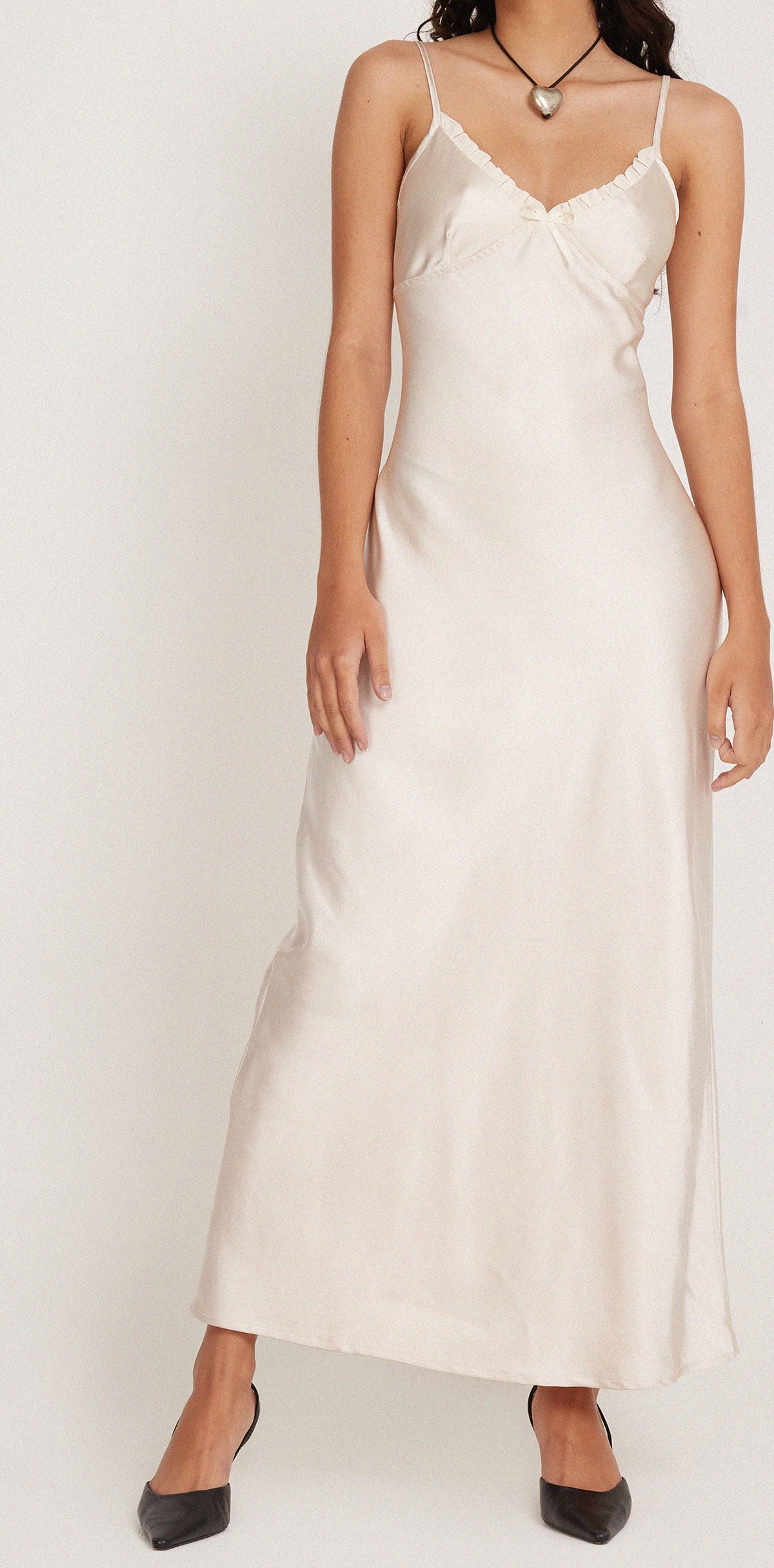 Satin Pearled Ivory Midi Dress | Padil – motelrocks.com