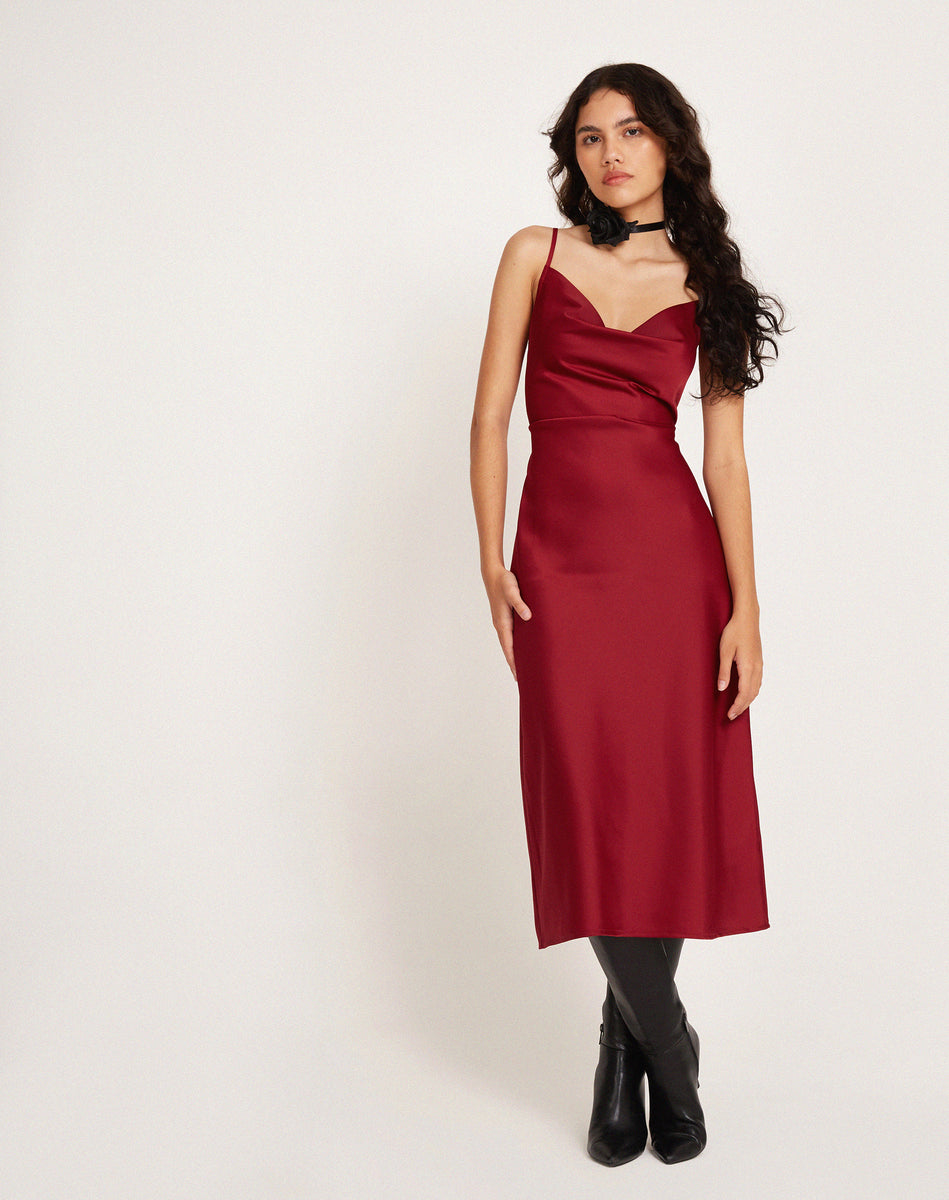 Satin Red Cowl Neck Midi Dress | Palasha – motelrocks.com