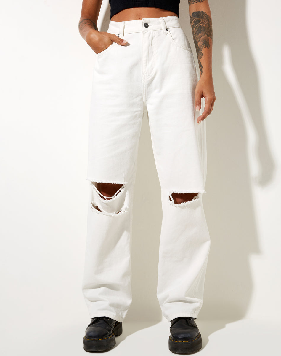 Ripped Knee White Wide Leg Jean | Rips Parallel – motelrocks.com