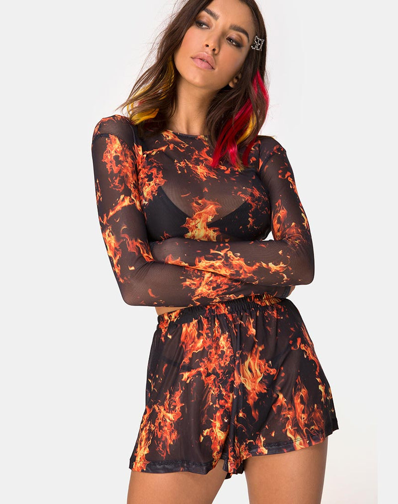 Long Sleeve Black and Red Flam Mesh crop Top | Bonnie – motelrocks.com