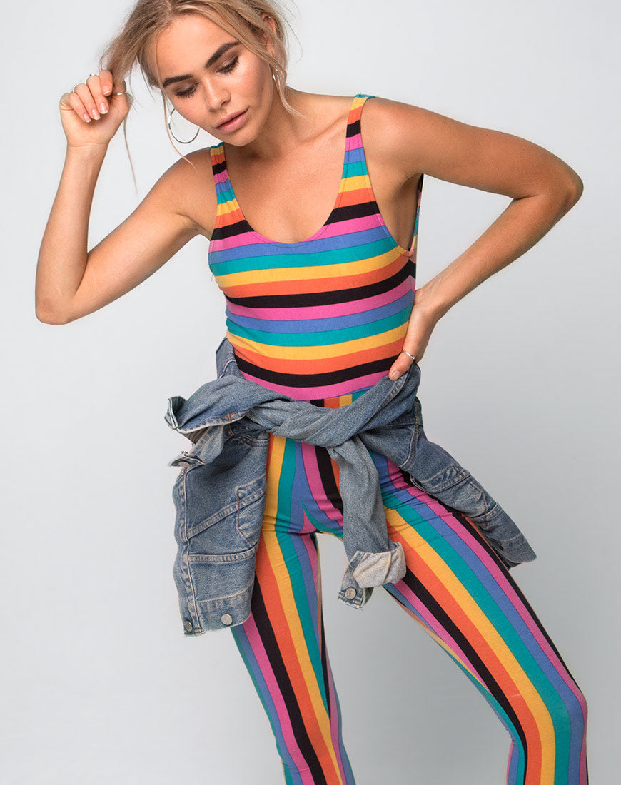 Bodycon Rainbow Vertical Stripe Plunge Back Unitard | Unitard - Motel ...