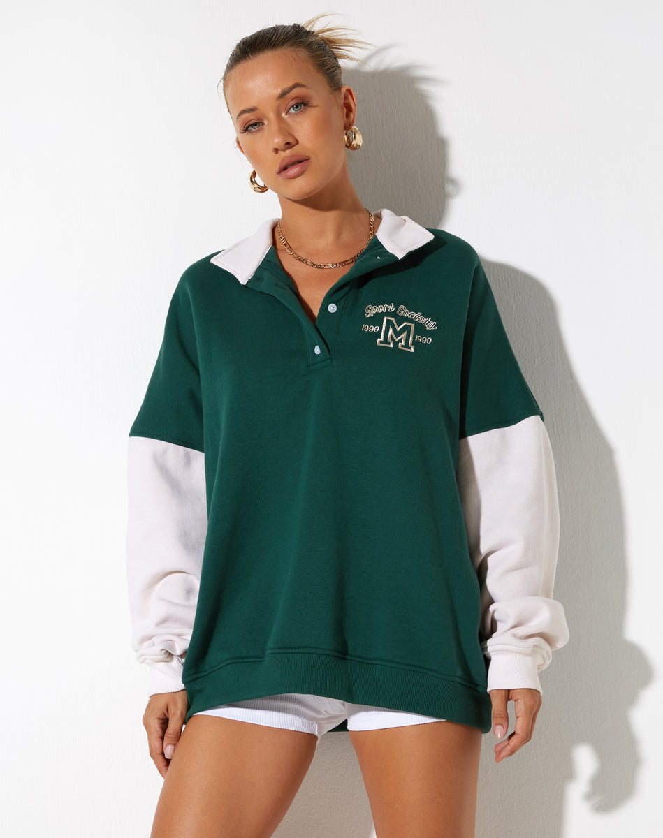 Green and White Oversized Long Sleeve Collared Varsity Rugby Jacket ...