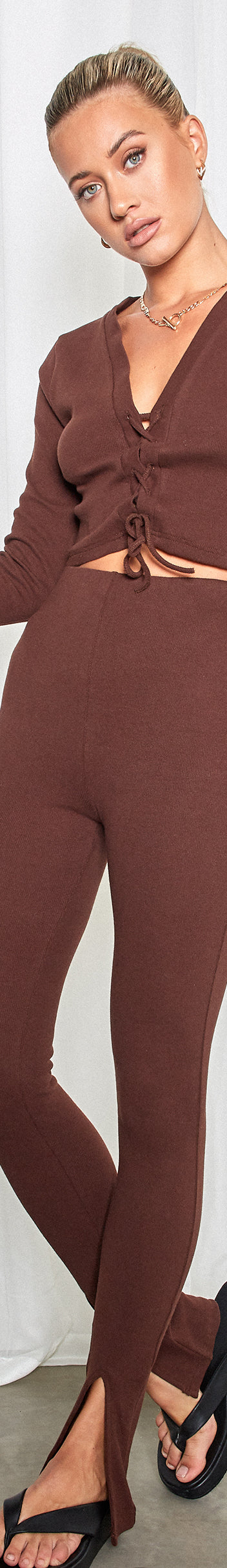 High Waist Rib Brown Split hem Trouser | Xaya – motelrocks.com