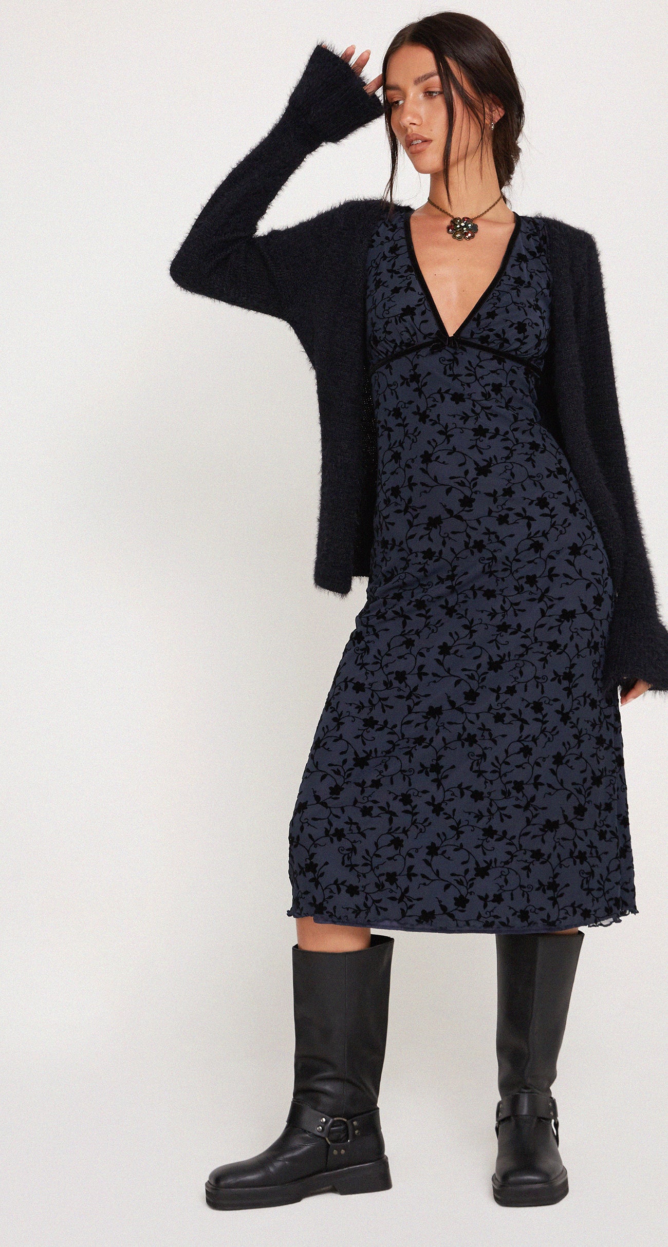 Pretty Petal Flock Black Midi Dress | Vilinia – motelrocks.com