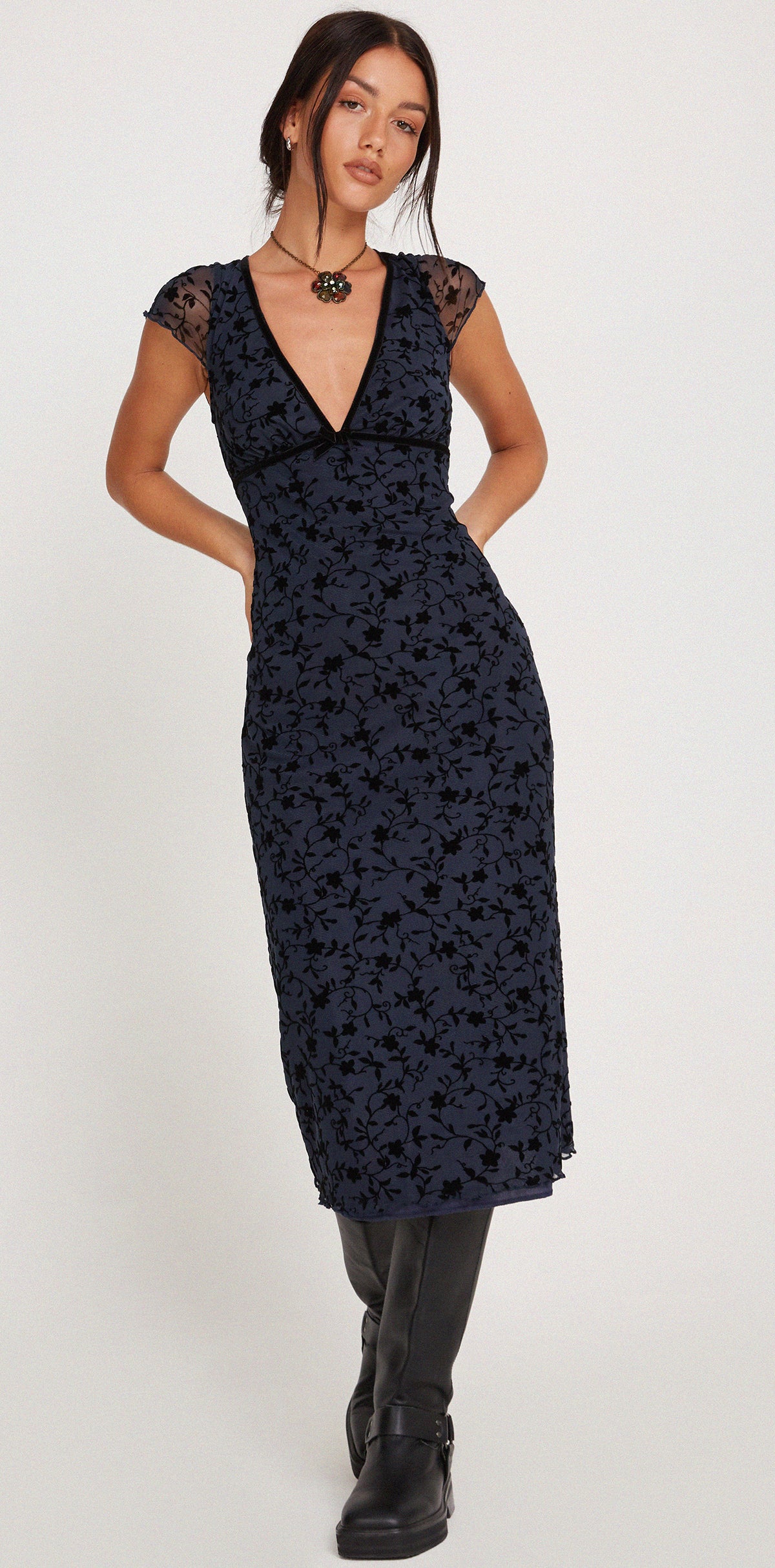 Pretty Petal Flock Black Midi Dress | Vilinia – motelrocks.com