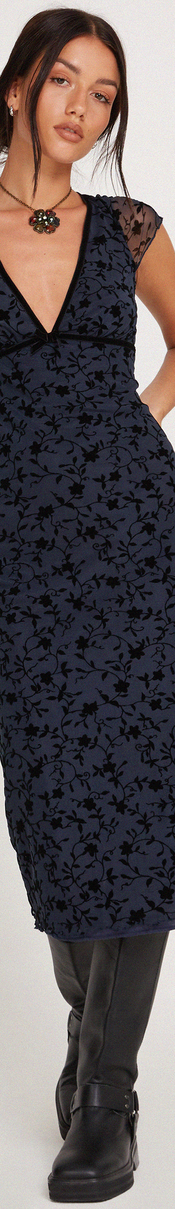 Pretty Petal Flock Black Midi Dress | Vilinia – motelrocks.com