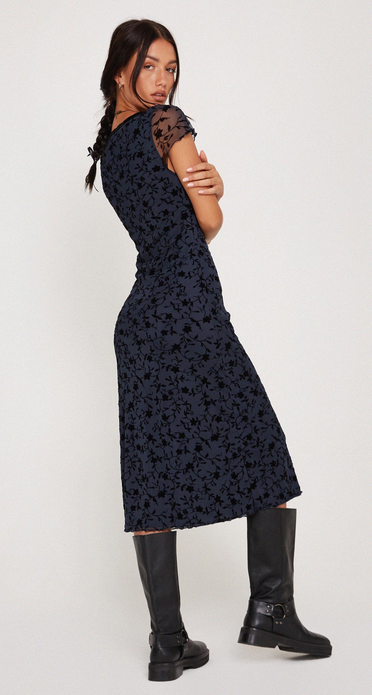 Pretty Petal Flock Black Midi Dress | Vilinia – motelrocks.com